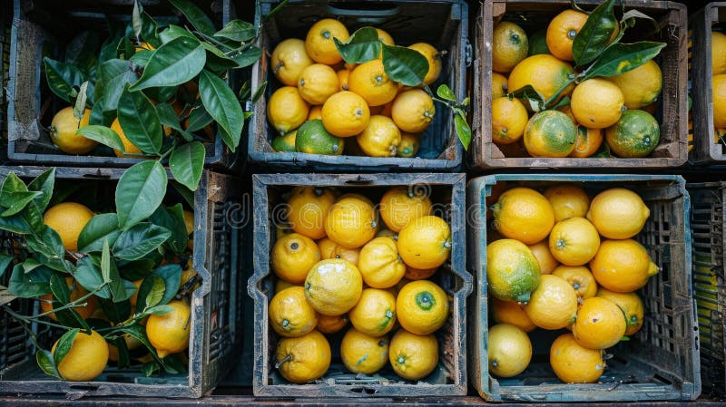 Lemon Storage. Set of Raw Lemons in Boxes. Top View. Stock Photo ...