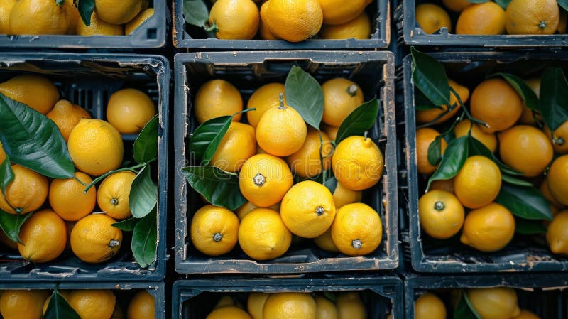 Lemon Storage. Set of Raw Lemons in Boxes. Top View. Stock Image ...