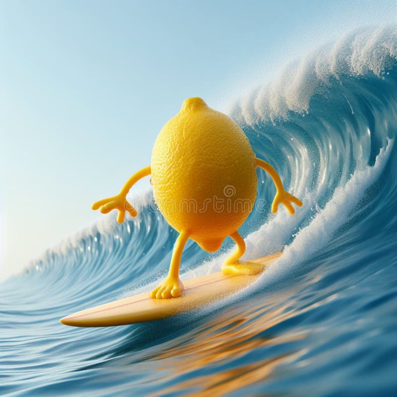 Lemon on Surfboard, Creative Funny Fruit Image HD Stock Illustration ...