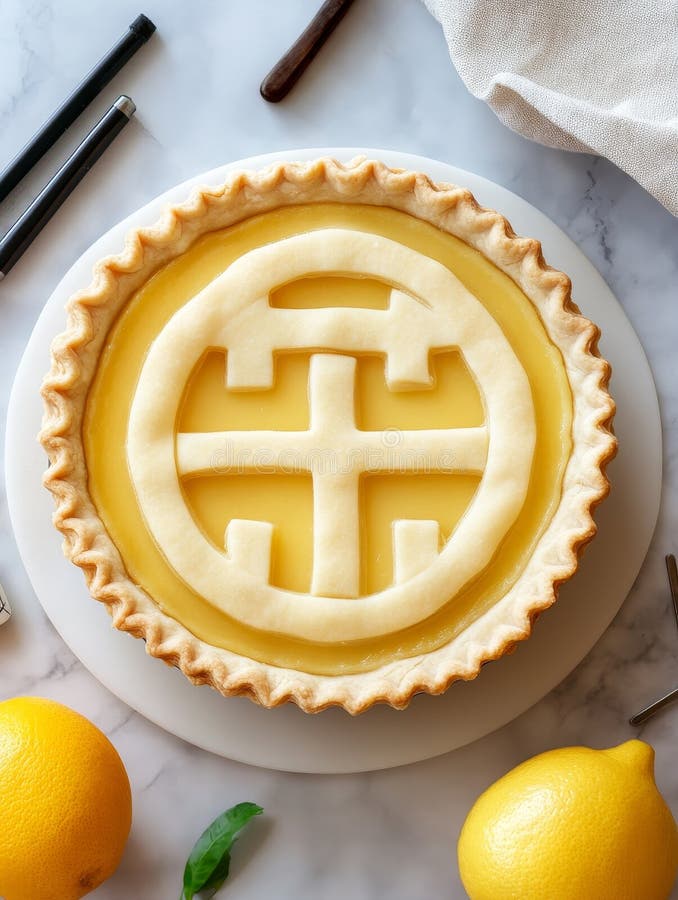Lemon Tart with Artistic Crust Design on Marble Surface Stock Image ...