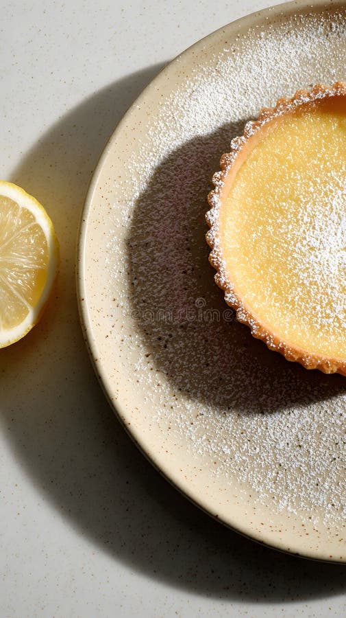 Lemon Tart on Ceramic Plate with Powdered Sugar, Side Left Clear for ...