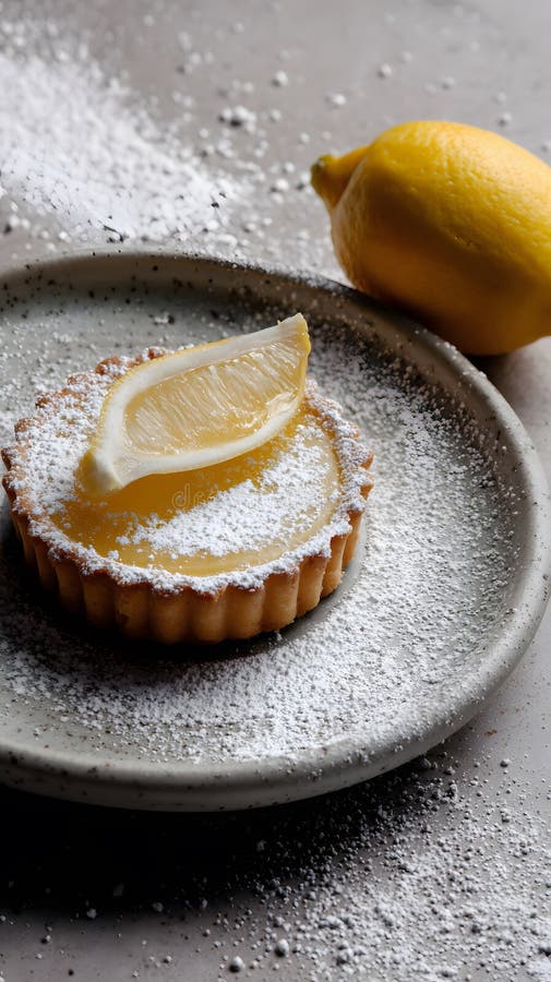 Lemon Tart on Ceramic Plate with Powdered Sugar, Side Left Clear for ...