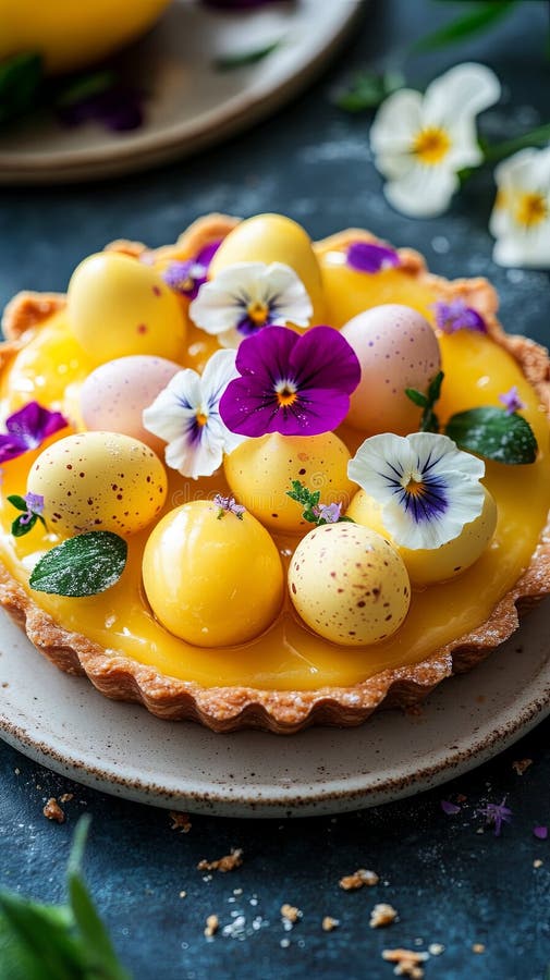 Lemon Tart with a Topping of Easter Egg-shaped Chocolates and Edible ...