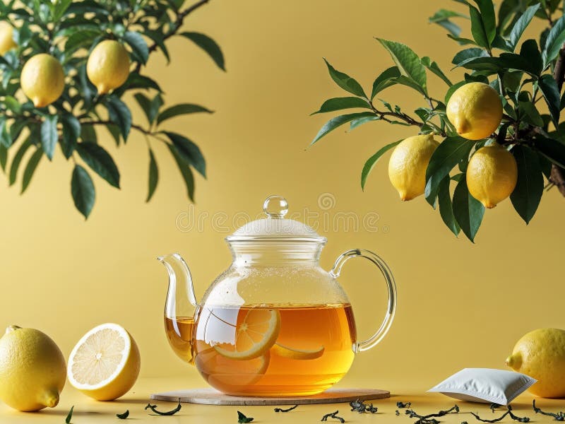 Lemon Tea in Glass Teapot and Tea Bag Mockup on Yellow Background with ...