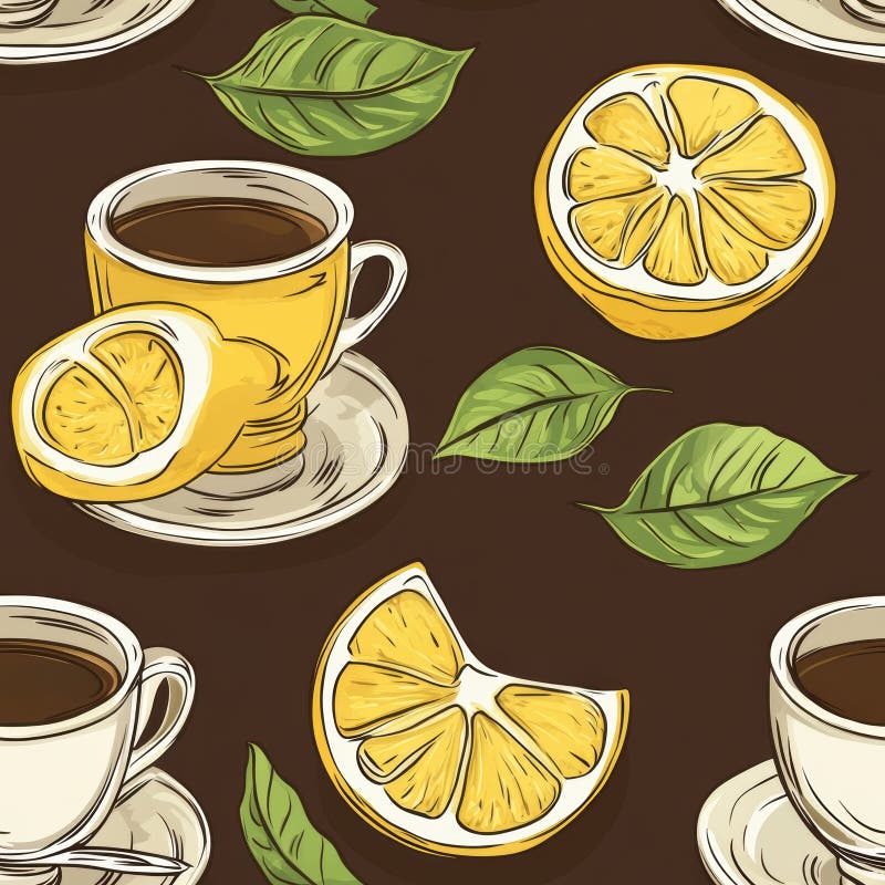 Lemon and Tea Seamless Pattern Art for Prints and Vectors Stock Illustration - Illustration of ...