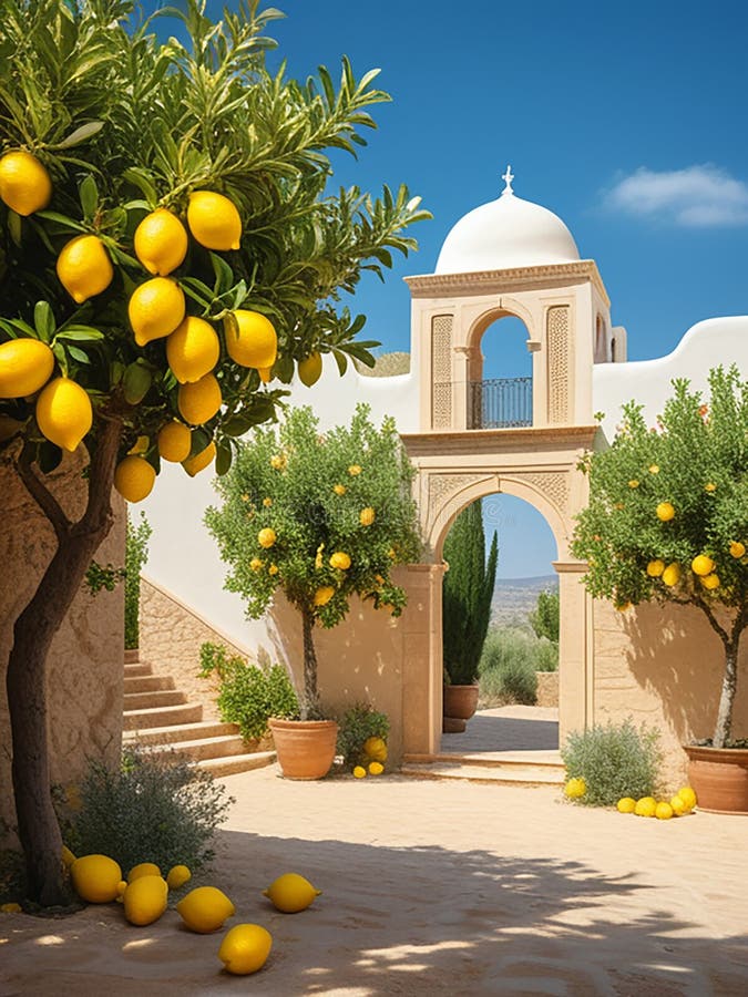 A Lemon Tree Against a Backdrop of Beautiful Urban Architecture Stock ...