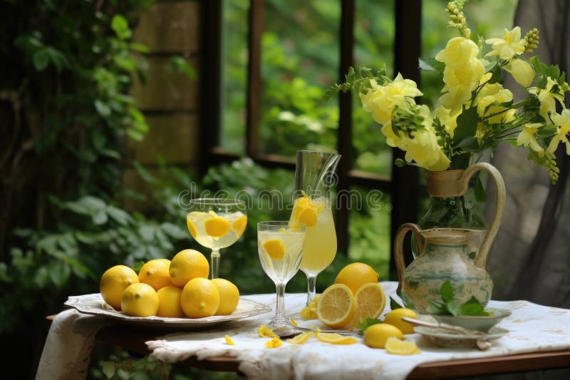 Lemon Tree Branches with Ripe Lemons Over Limoncello Bottles Stock ...