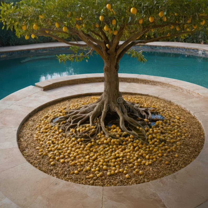 Lemon Tree with Exposed Roots by a Swimming Pool Stock Photo - Image of ...
