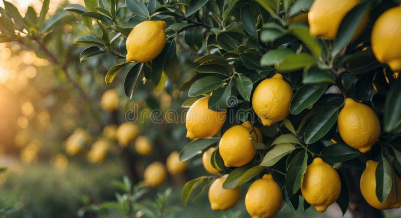 Lemon Tree Foliage with Ripe Lemons in Golden Hour Light Stock Photo ...