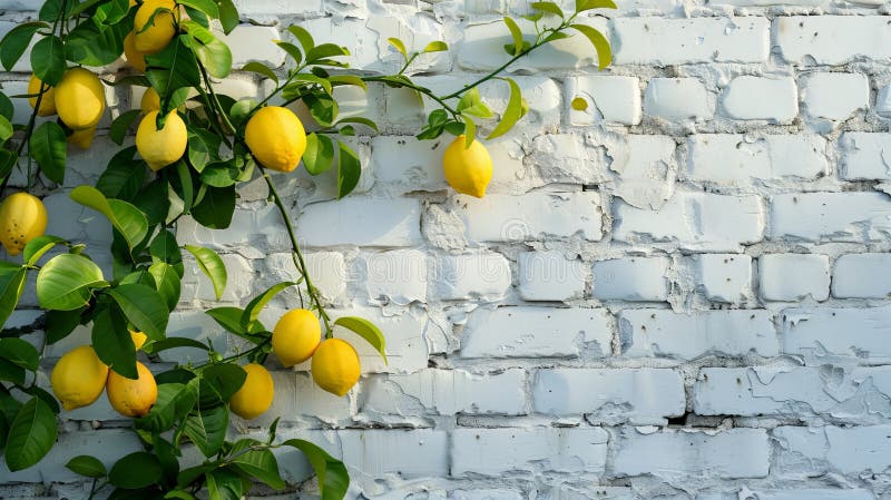 Lemon Tree with Fruits Against a White Brick Wall Stock Photo - Image ...