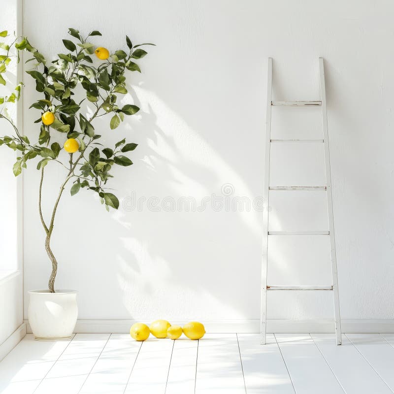 Lemon Tree and Ladder on the White Wall. 3d Rendering Stock ...