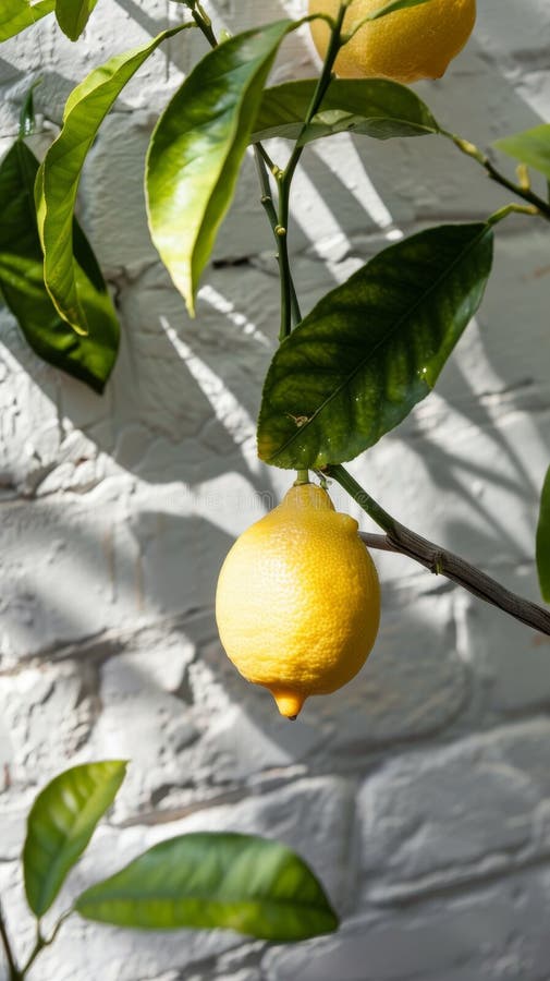 Lemon Tree with Ripe Yellow Lemon Hanging on Branch in Sunlight, Close ...