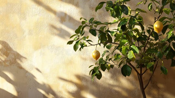 Lemon Tree in Sunlight with Shadows on Wall. Stock Image - Image of ...