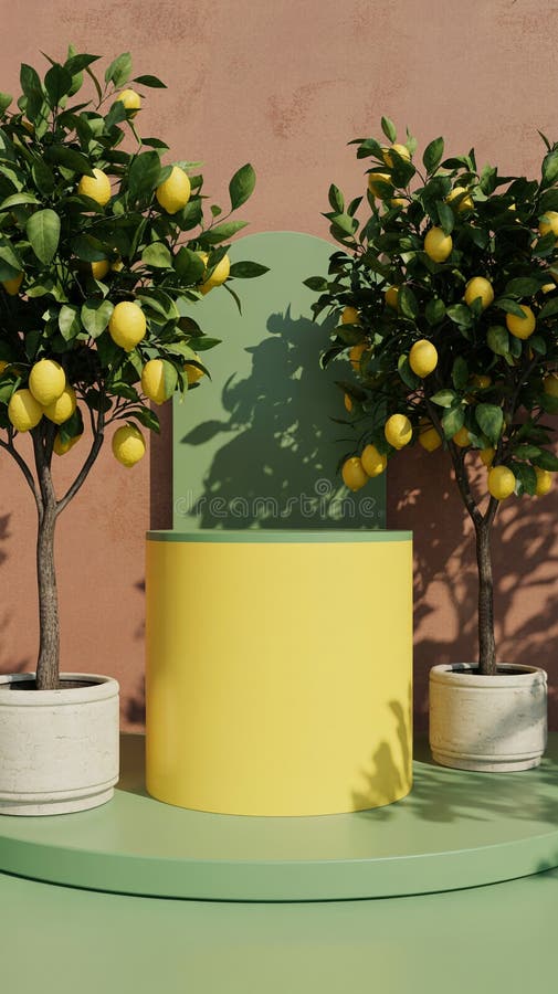 Lemon Trees Flanking a Stylish Yellow Podium Creating a Decorative and ...