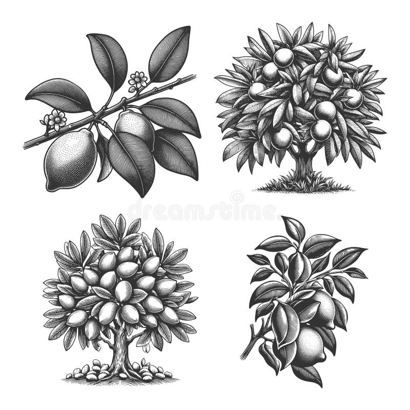 Lemon Trees and Fruit Engraving Raster Collection Stock Photo - Image ...