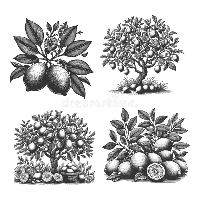 Lemon Trees and Fruit Engraving Raster Collection Stock Image - Image ...