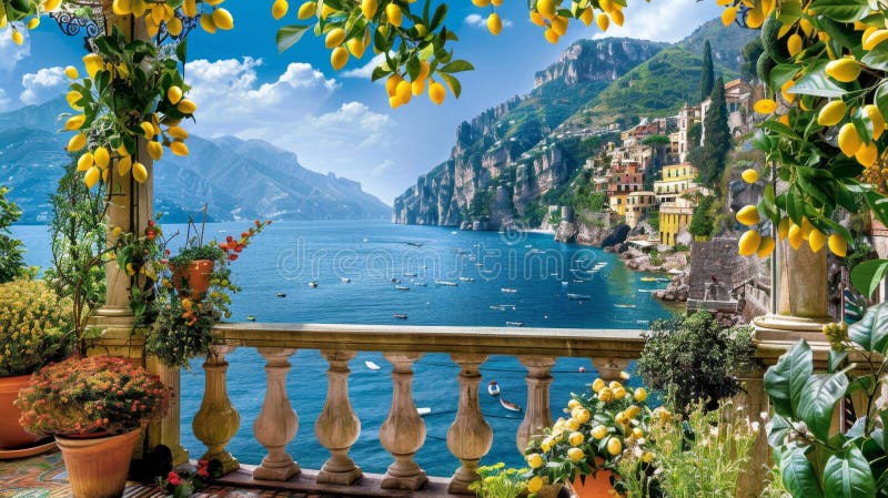 Lemon Trees and Idyllic Lake View from Mediterranean Balcony Stock ...