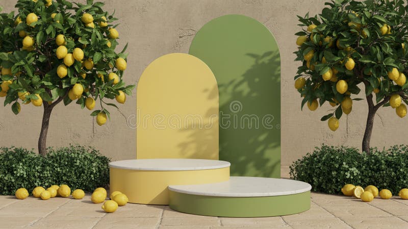Lemon Trees and Platform with Podiums Create a Vibrant Display for ...
