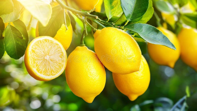 Lemon Trees in a Sunlit Garden, Laden with Bright Yellow Lemons Stock ...