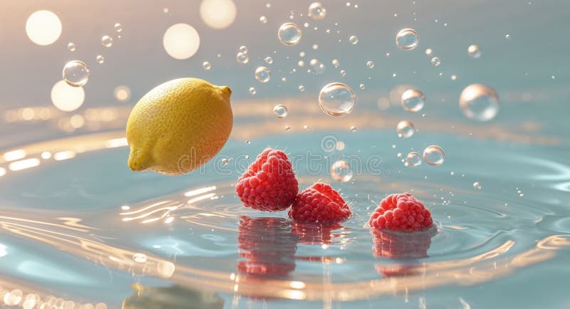 A Lemon and Two Raspberries Falling into the Water with Bubbles. Stock ...