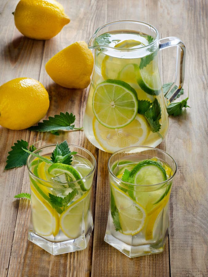 Lemon Water with Fresh Lemons and Mint Leaves. Stock Image - Image of ...