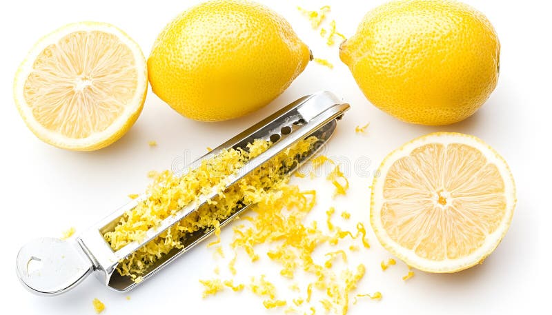 Lemon Zest, Fresh Fruits and Zester Tool Isolated on White Stock Image ...