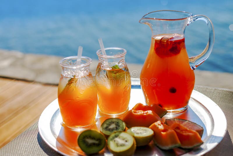Lemonade and Fruit on the Beach Stock Image - Image of kiwi, fruit ...