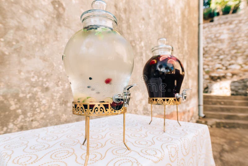 Lemonade in a Glass Barrel. Flasks for Spilling Drinks Stock Photo ...