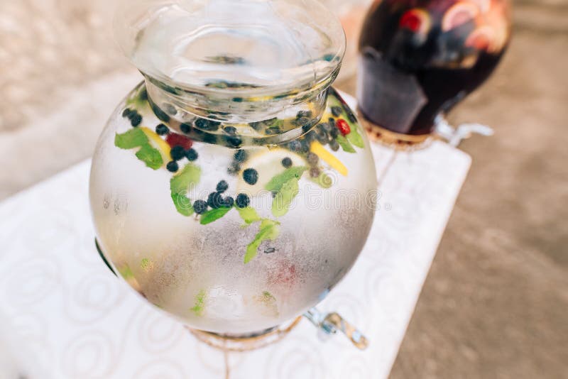 Lemonade in a Glass Barrel. Flasks for Spilling Drinks Stock Photo ...