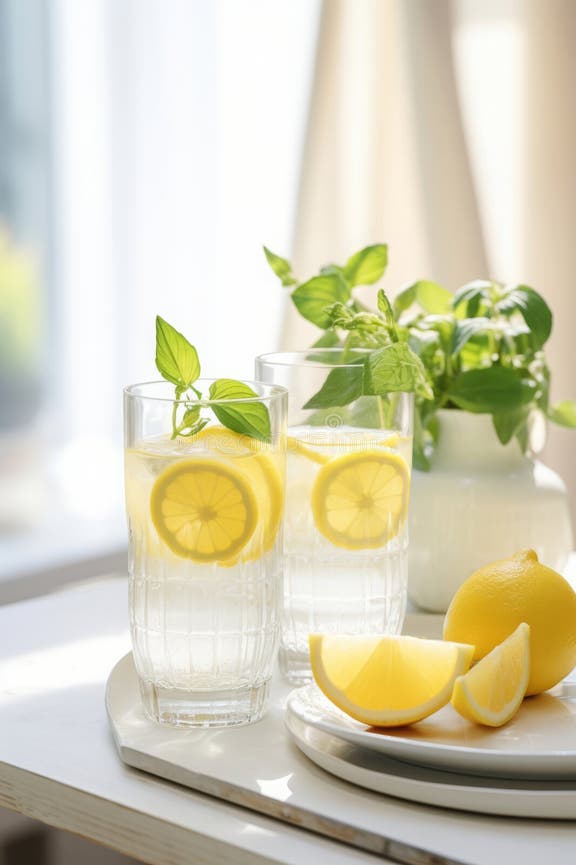 Lemonade in Glasses in White Modern Kitchen with Slices of Lemon and ...
