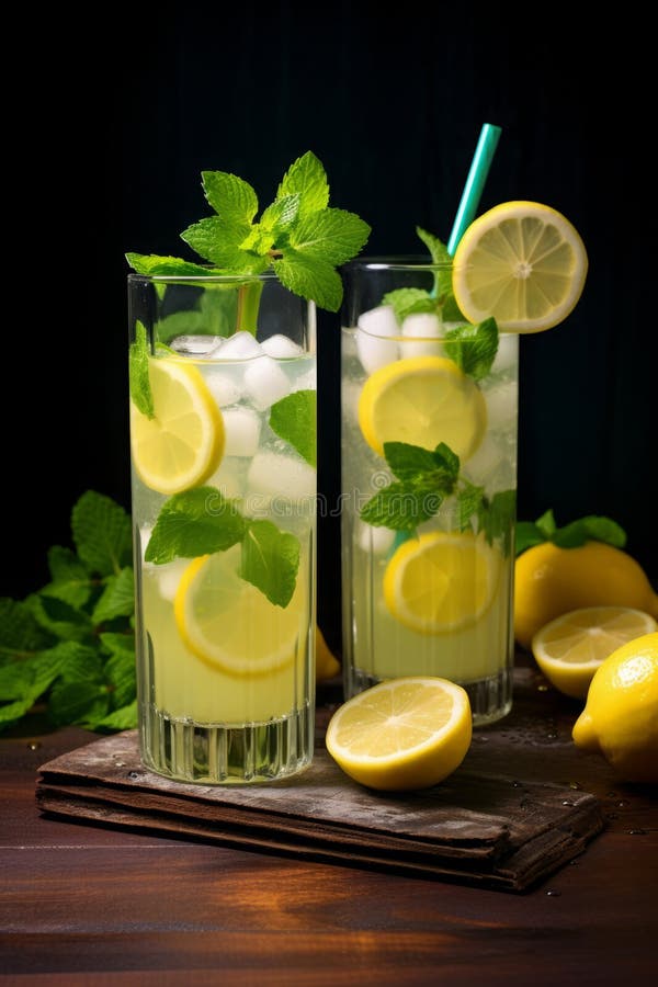 Lemonade in Glasses on Wooden Table with Slices of Lemon and Mint Stock ...