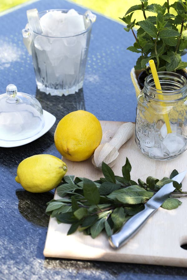 Lemonade in the Jug and Lemons with Mint on the Table Outdoor ...