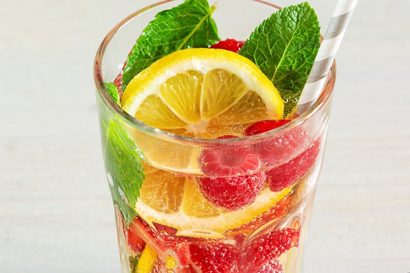 Lemonade with Lemon, Raspberry and Mint. Fresh Drink Stock Photo ...