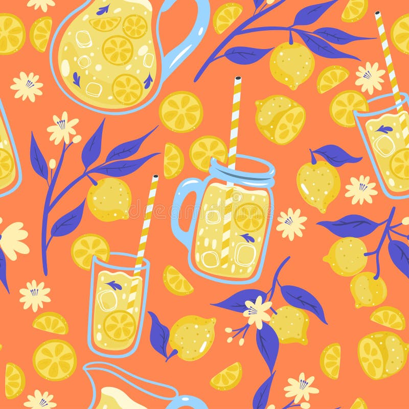 Lemonade and Lemons Seamless Pattern. Vector Graphics Stock Vector - Illustration of drawing ...