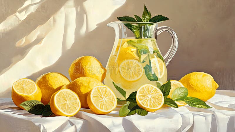 A Lemonade Pitcher with Sliced Lemons and Fresh Mint Leaves on a White ...