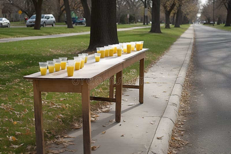 Lemonade Stand after a Busy Day, with Empty Cups and Coins Scattered ...