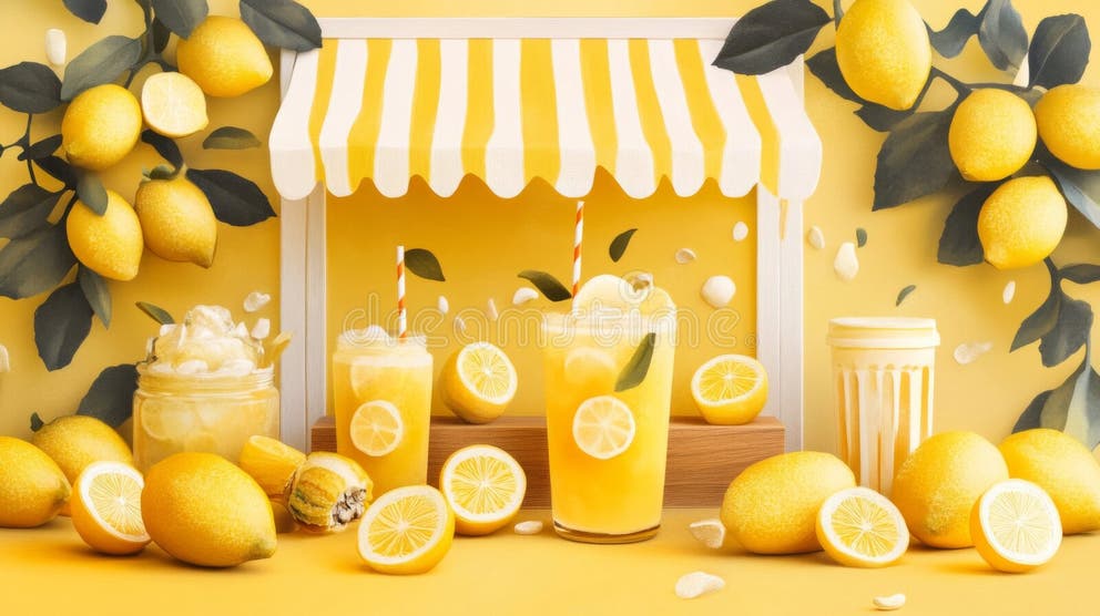 Lemonade Stand with Fresh Yellow Lemons and Drinks Stock Illustration ...