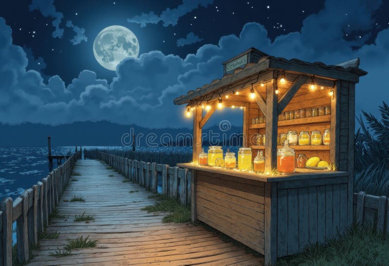 Lemonade Stand Illuminated by Fairy Lights on a Serene Boardwalk at ...
