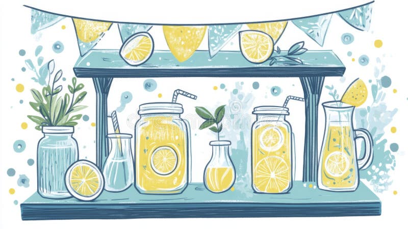 Lemonade Stand Illustration with Yellow and Blue Jars Stock ...