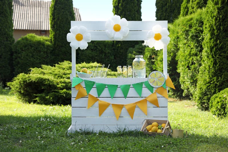 Lemonade Stand with Refreshing Drink and Fresh Fruits in Park Stock ...