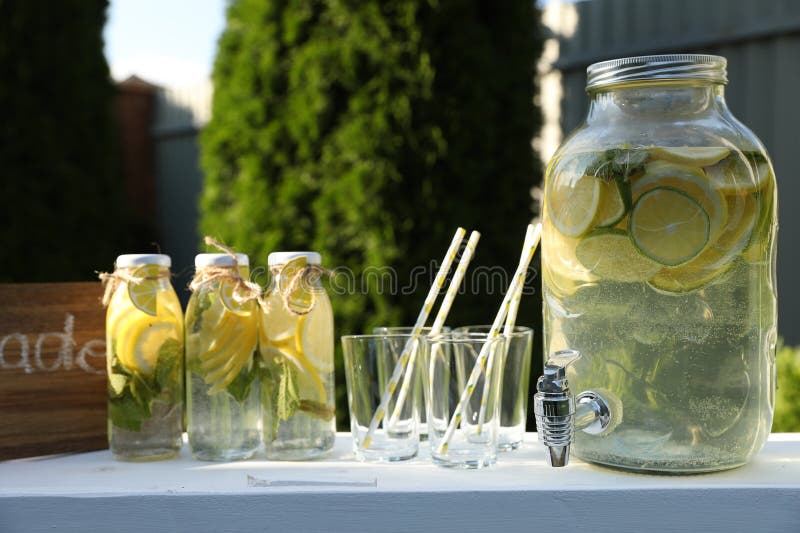 Lemonade Stand with Refreshing Drink and Fresh Fruits in Park Stock ...