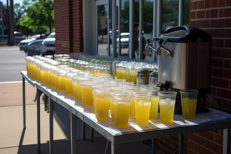 Lemonade Stand with Rows of Glasses and Pitchers, Ready for Thirsty ...