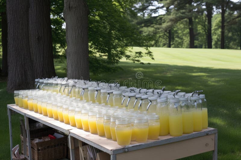 Lemonade Stand with Rows of Glasses and Pitchers, Ready for Thirsty ...