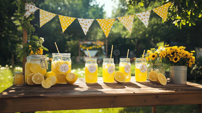 Lemonade Stand Setup with Bunting and Mason Jars. Stock Photo - Image ...