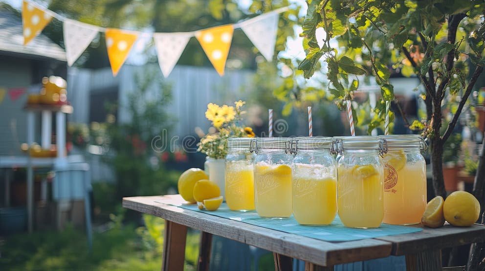 Lemonade Stand Setup with Bunting and Mason Jars. Stock Photo - Image ...