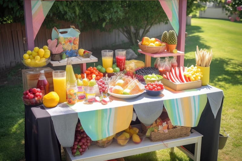 Lemonade Stand Surrounded by Fruit and Other Delicious Snacks Stock ...
