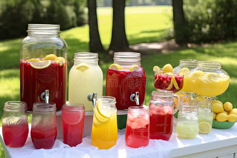 Lemonade Stand With A Variety Of Flavored Lemonades Including Cherry Lemonade And Raspberry