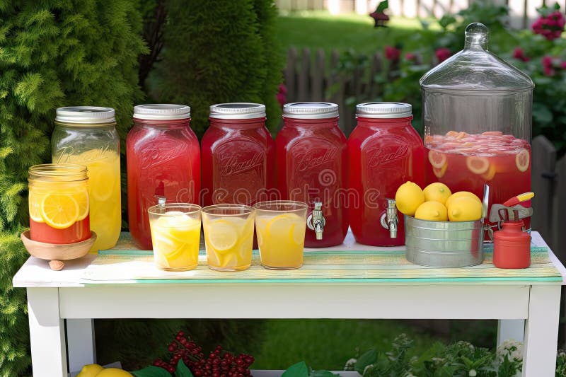 Lemonade Stand With A Variety Of Flavored Lemonades Including Cherry Lemonade And Raspberry