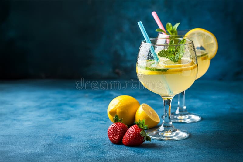 Lemonade in Two Large Glasses with Strawberries, Lemons and Assorted ...