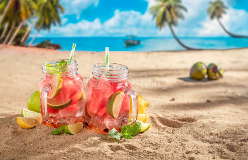 Lemonade with Watermelon on Beach at Ocean in Summer Stock Photo ...